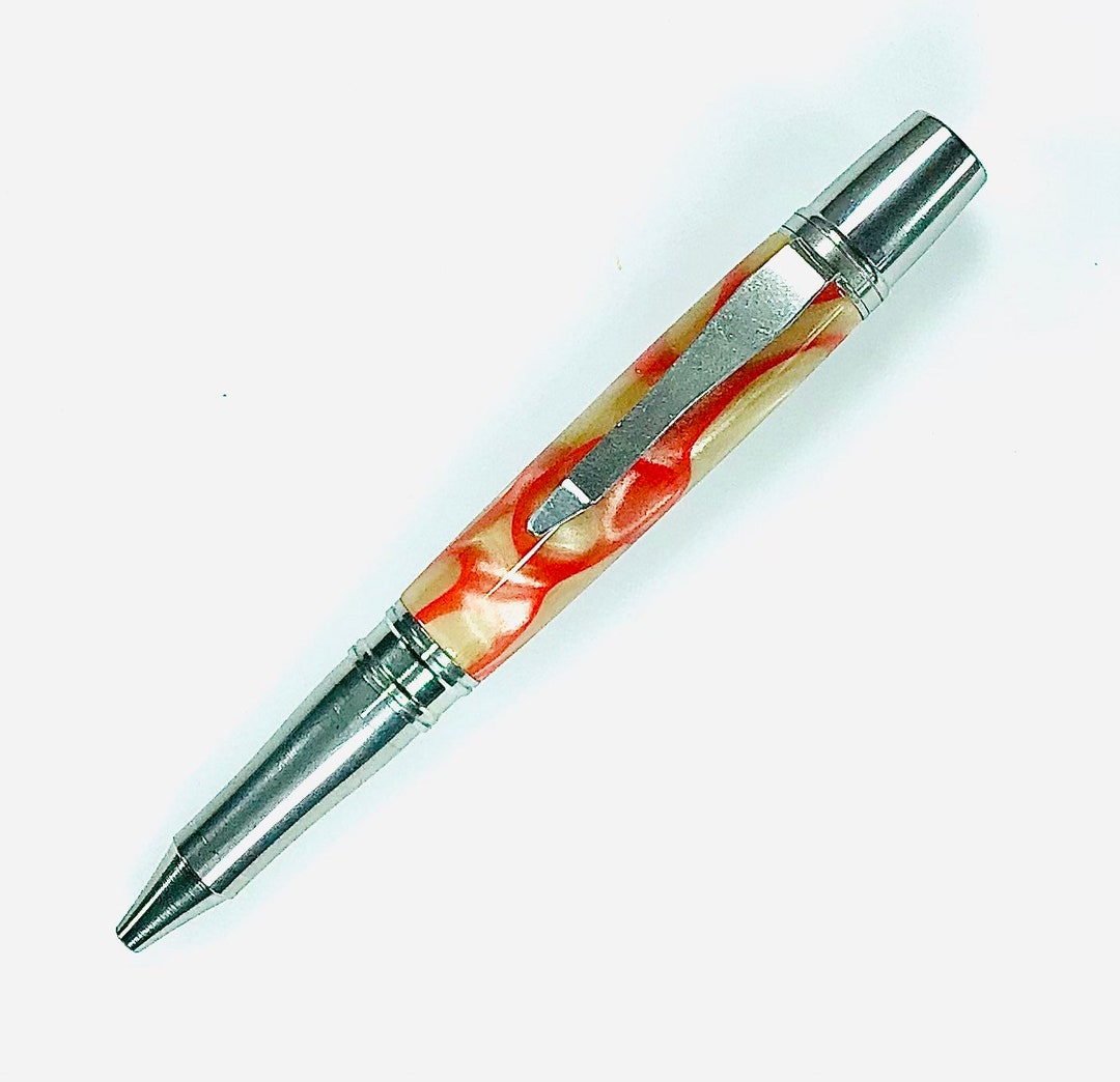 Custom Acrylic Pen Hand Turned - Beautiful Red Tan and Silver Metallic ...