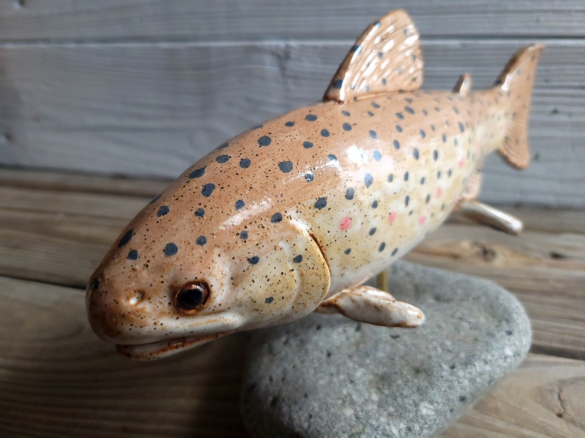 Stoneware Ceramic Brown Trout on Montana River Stone Base - Etsy