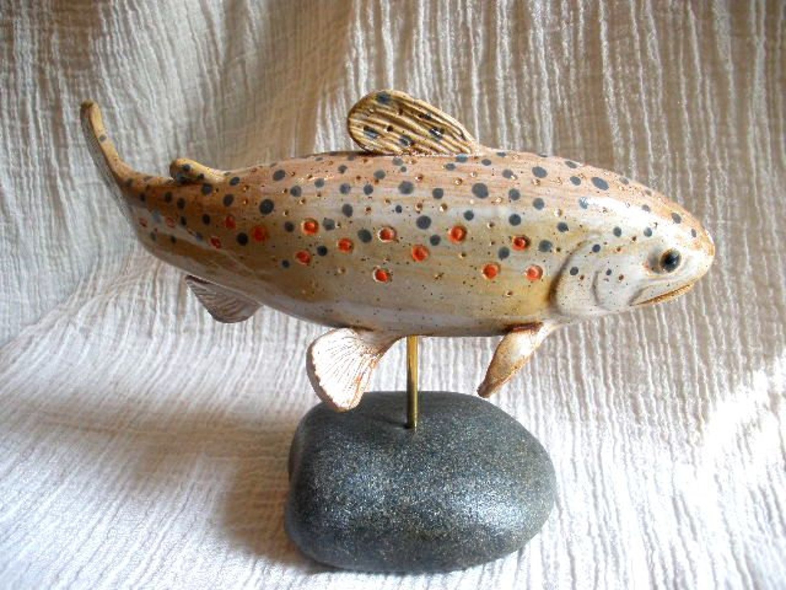 Stoneware Ceramic Brown Trout on Montana River Stone Base - Etsy