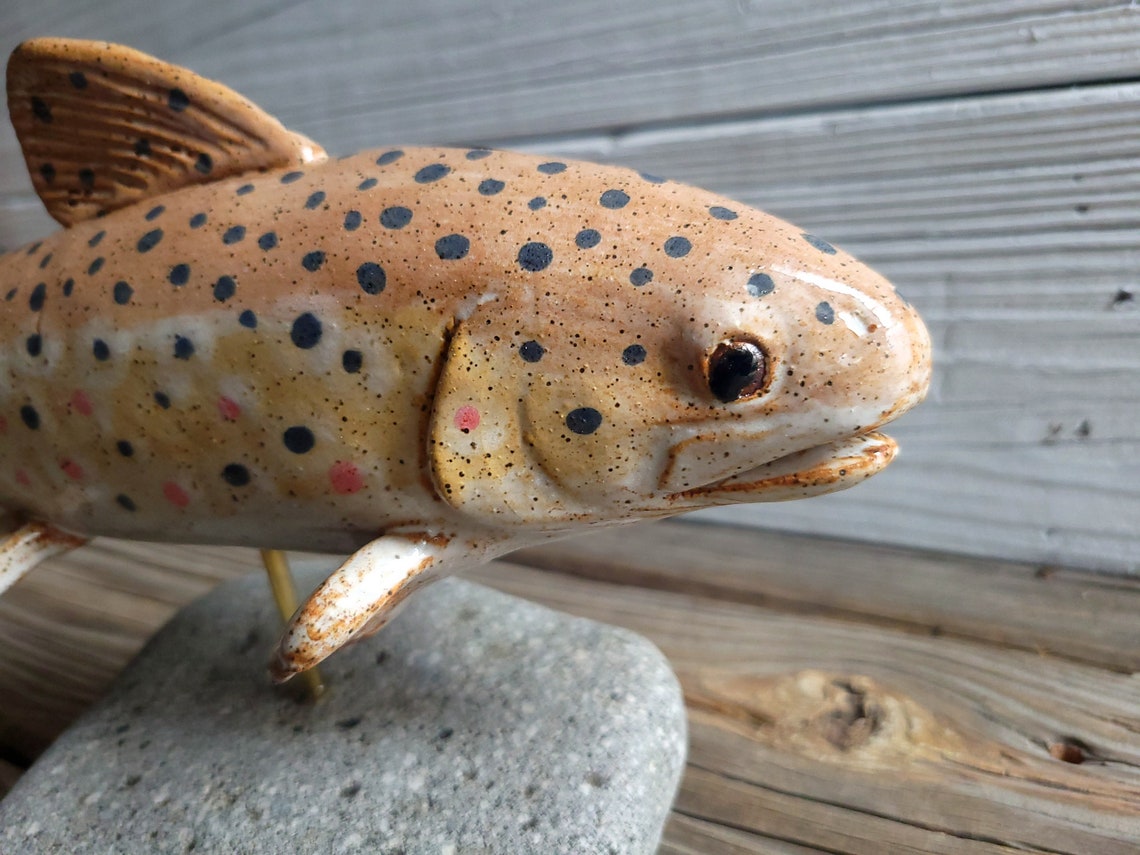 Stoneware Ceramic Brown Trout on Montana River Stone Base - Etsy