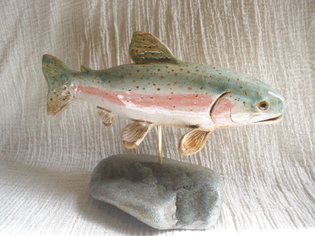 Stoneware Ceramic Rainbow Trout on Montana River Stone Base - Etsy