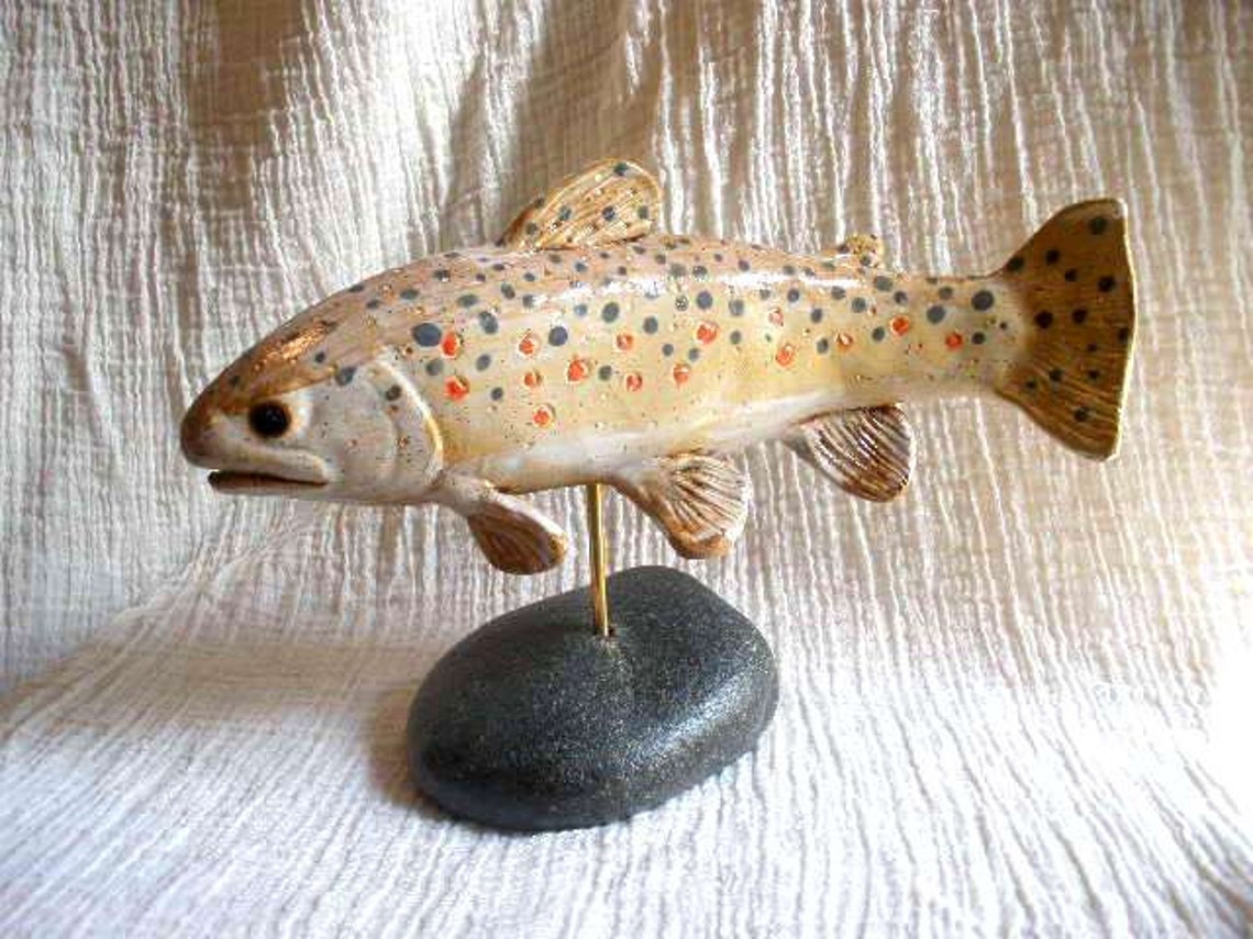 Stoneware Ceramic Brown Trout on Montana River Stone Base - Etsy