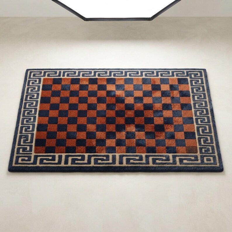 Handmade Checkerboard Greek Key Rug, Rust Orange Navy Blue Geometric ...