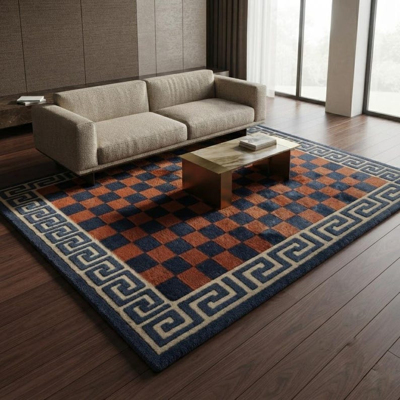 Handmade Checkerboard Greek Key Rug, Rust Orange Navy Blue Geometric ...