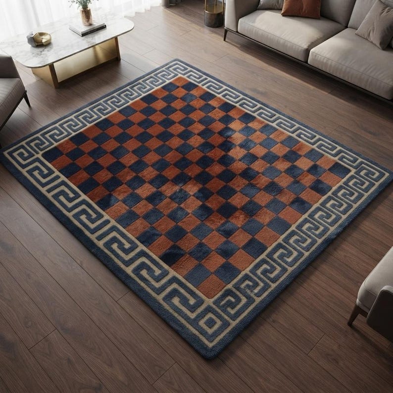 Handmade Checkerboard Greek Key Rug, Rust Orange Navy Blue Geometric ...
