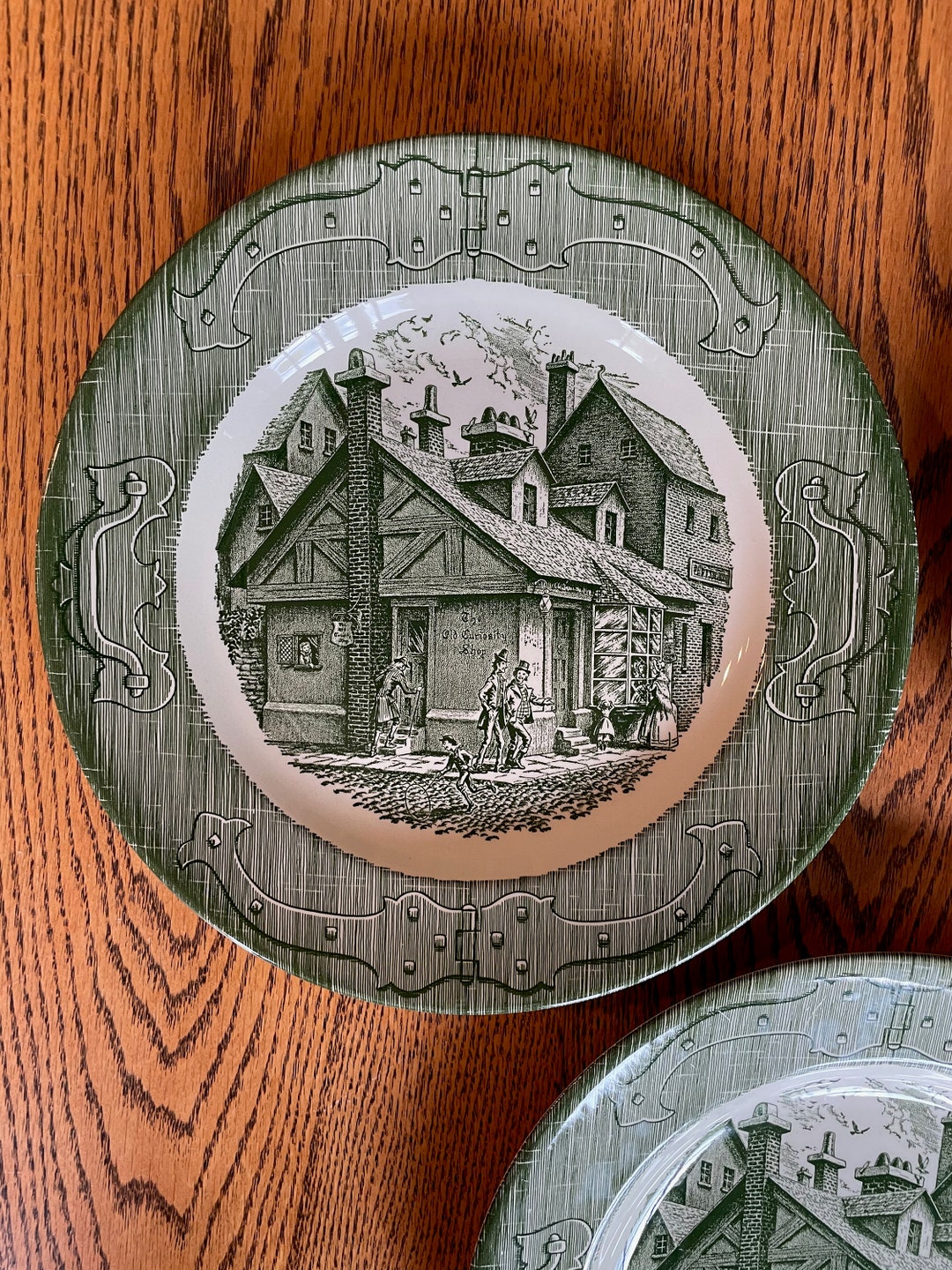 2 Farmhouse Old Curiosity Shop Green Transferware Dinner Plates Two - Etsy