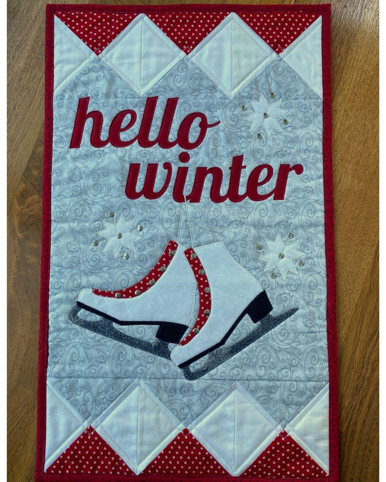 Quilted Winter Banner, Ice Skates Wall Hanging, Gray and Red - Etsy