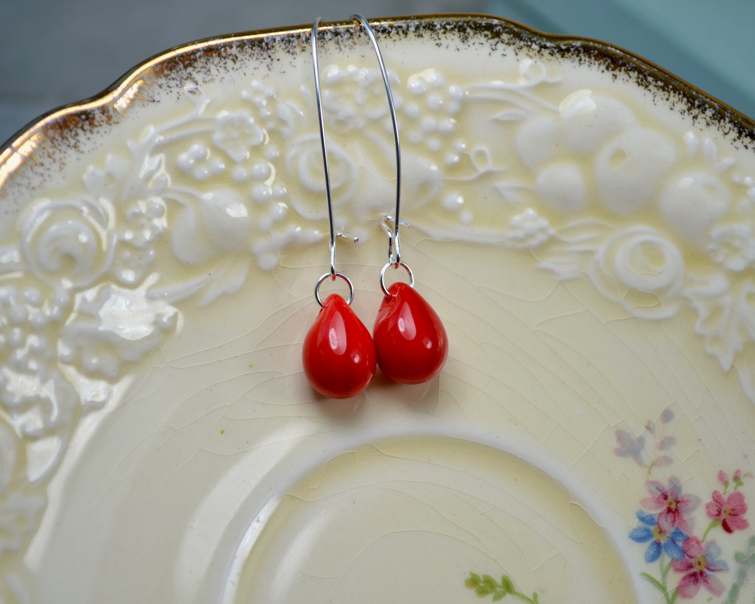 Bright red earrings Red dangle earrings Long red earrings | Etsy