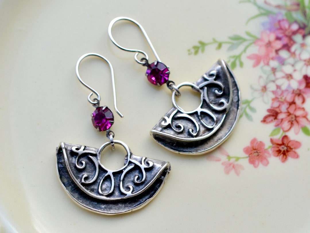 Ethnic Half Circle Earrings in Antique Silver Plate With Scroll Pattern ...