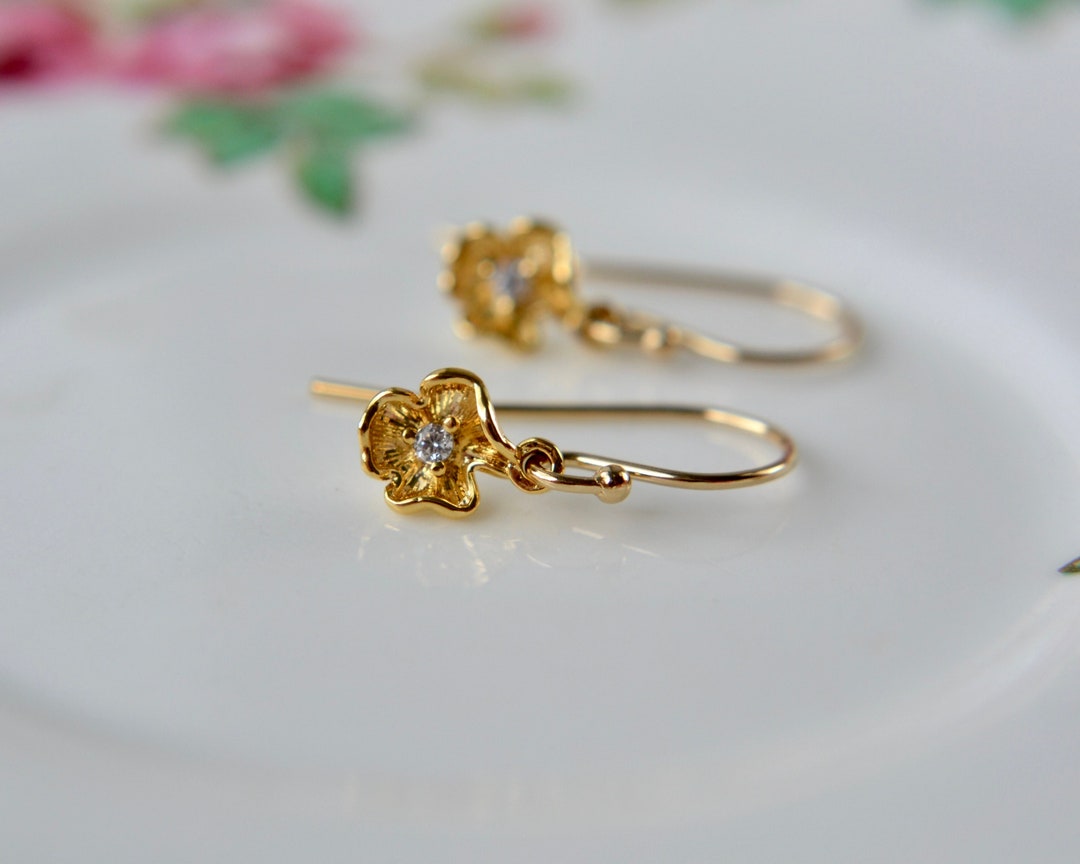 Tiny Gold Flower Earrings With Gold Filled Hooks, Dainty Drop Earrings ...