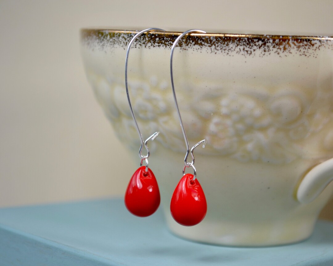 Bright Red Earrings, Red Dangle Earrings, Long Red Earrings, Red ...