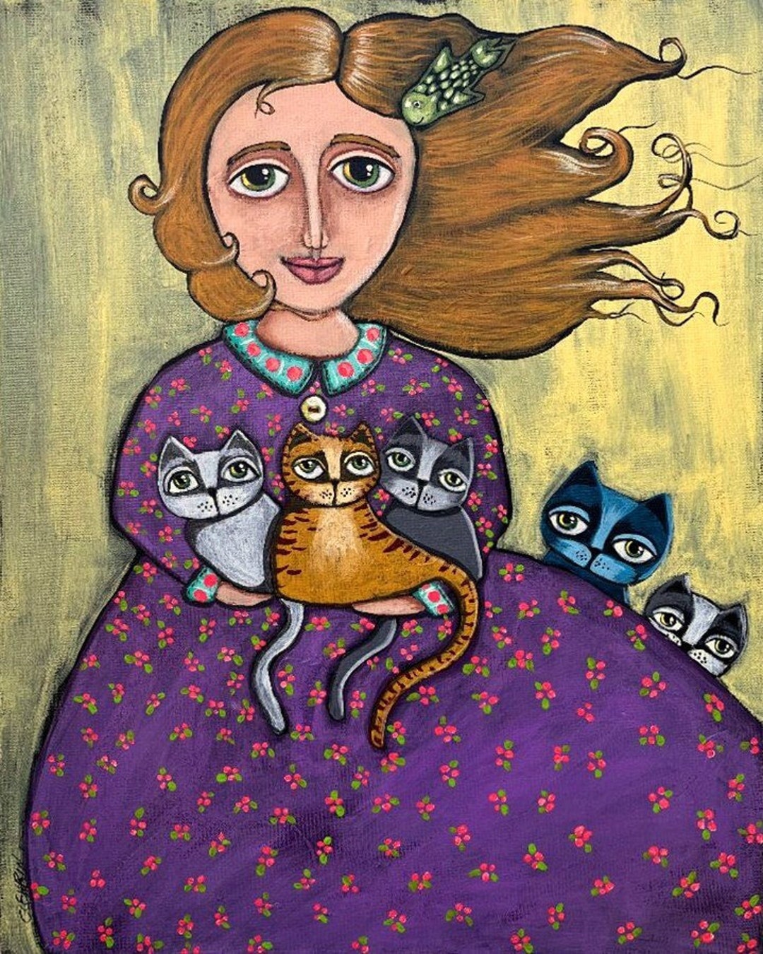 Folk Art Cat Lady Painting 16" X 20" Original GOSHRIN Cindy Bontempo - Etsy