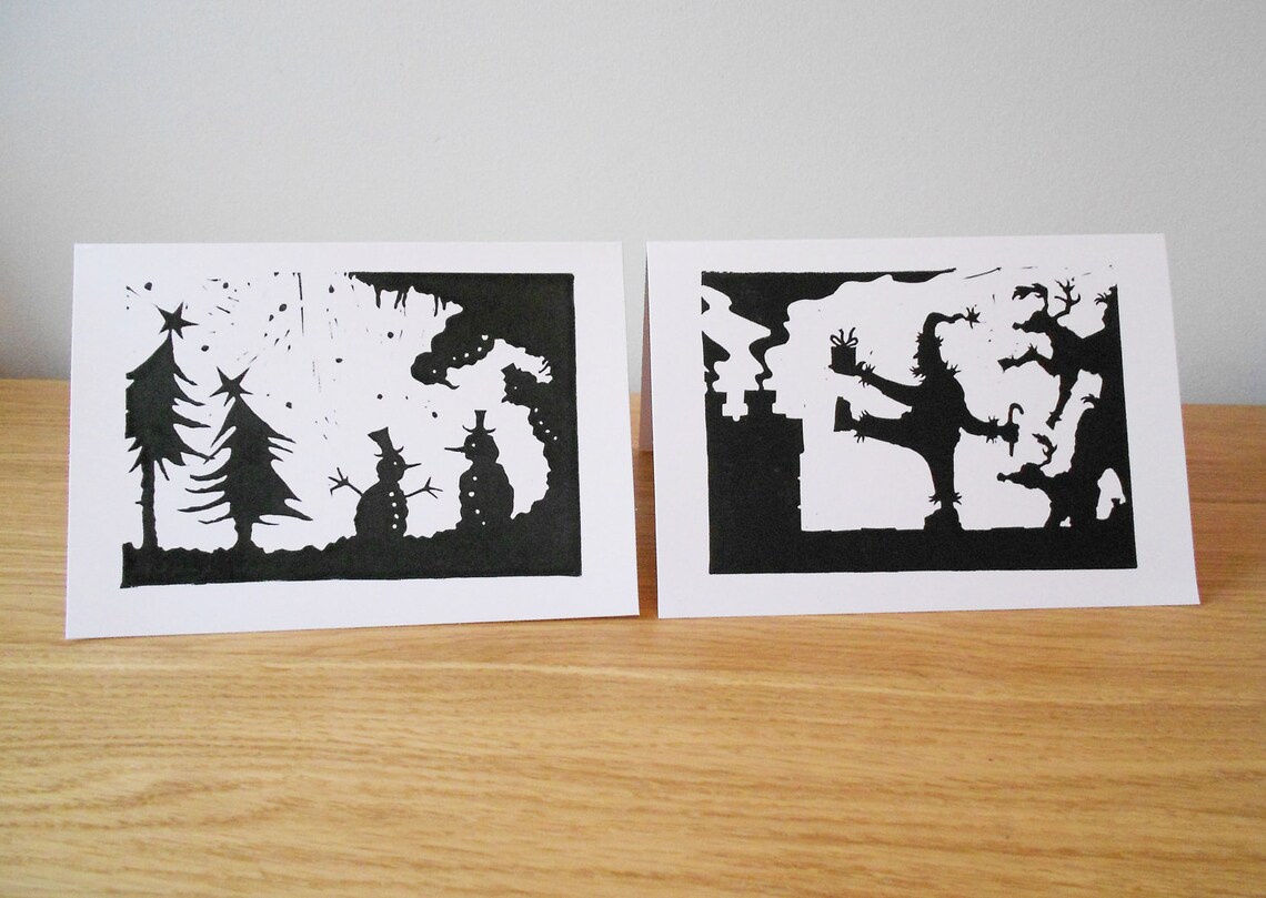 5 X Christmas Greetings Card- Linocut Santa Snowman Rudolph Silhouette ...