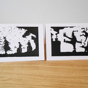 5 X Christmas Greetings Card- Linocut Santa Snowman Rudolph Silhouette ...