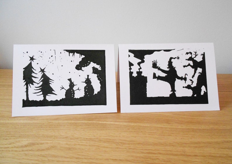 5 X Christmas Greetings Card- Linocut Santa Snowman Rudolph Silhouette ...