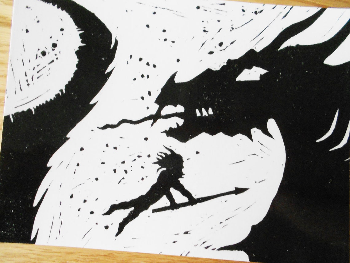 Beowulf Sea Monster Silhouette Postcard Black and White Linocut - Etsy
