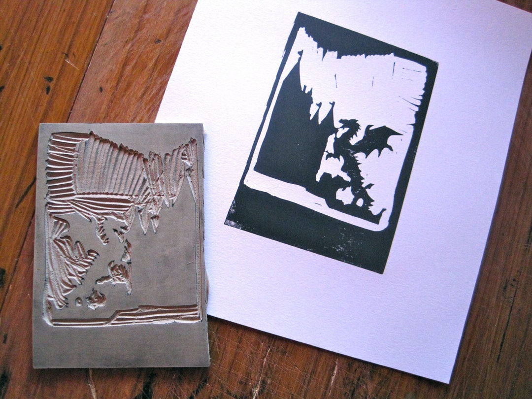 Castle and Dragon - Linocut Print - Etsy