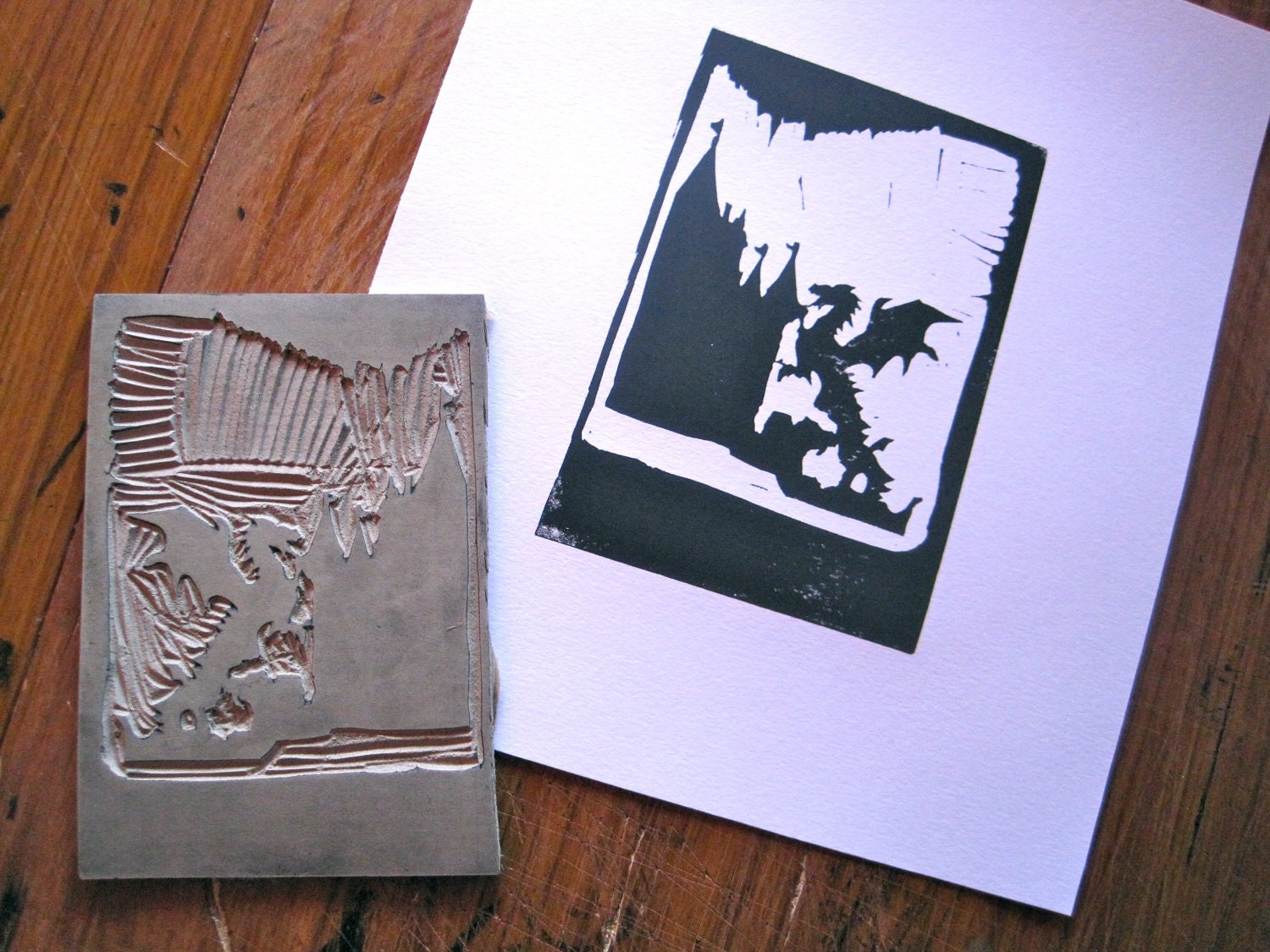 Castle and Dragon Linocut Print - Etsy