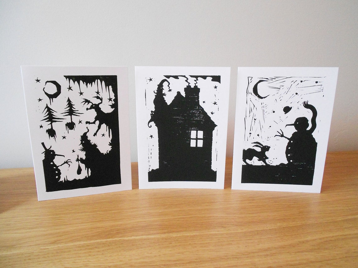 5 X Christmas Greetings Card- Linocut Santa Snowman Rudolph Silhouette ...