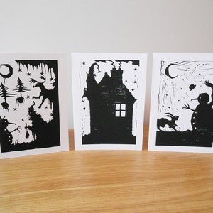 5 X Christmas Greetings Card- Linocut Santa Snowman Rudolph Silhouette ...