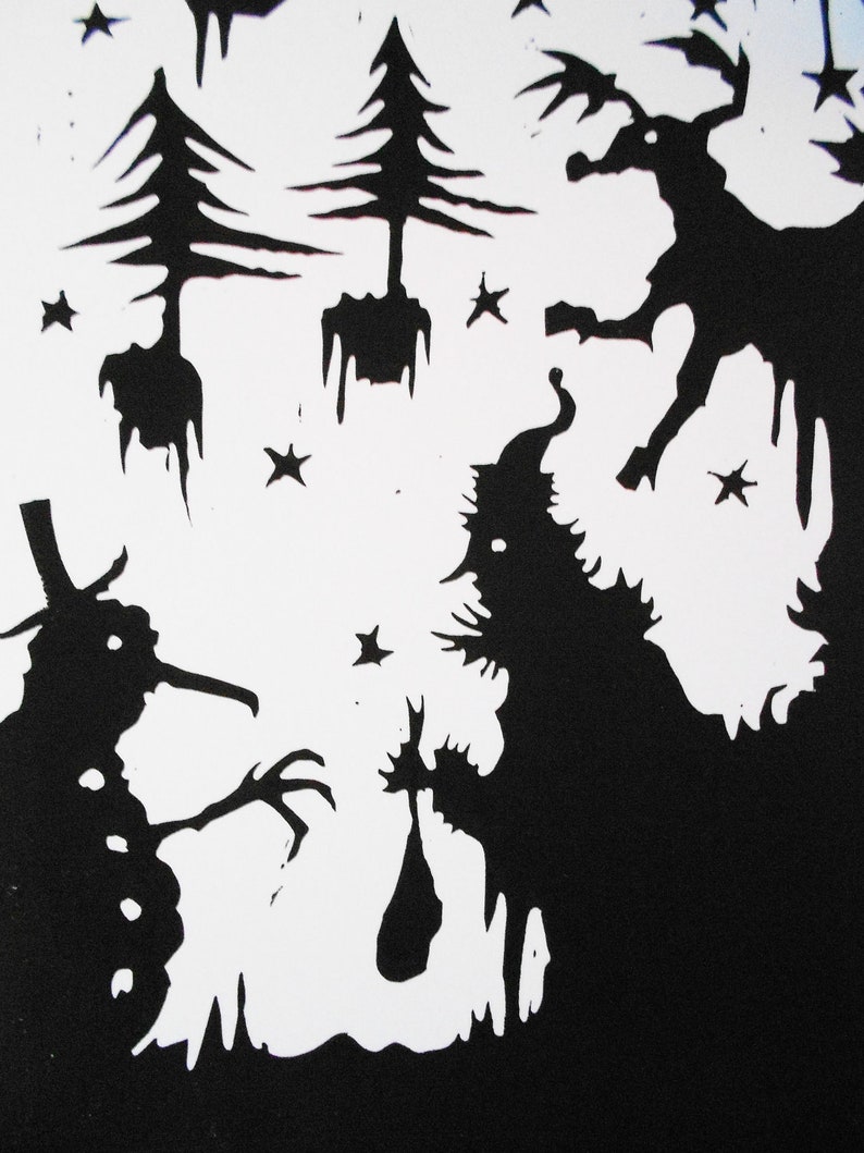 Christmas Linocut Greetings Card - Silhouette Snowman, Santa and ...