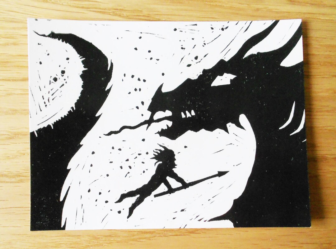 Beowulf Sea Monster Silhouette Postcard - Black and White Linocut - Etsy