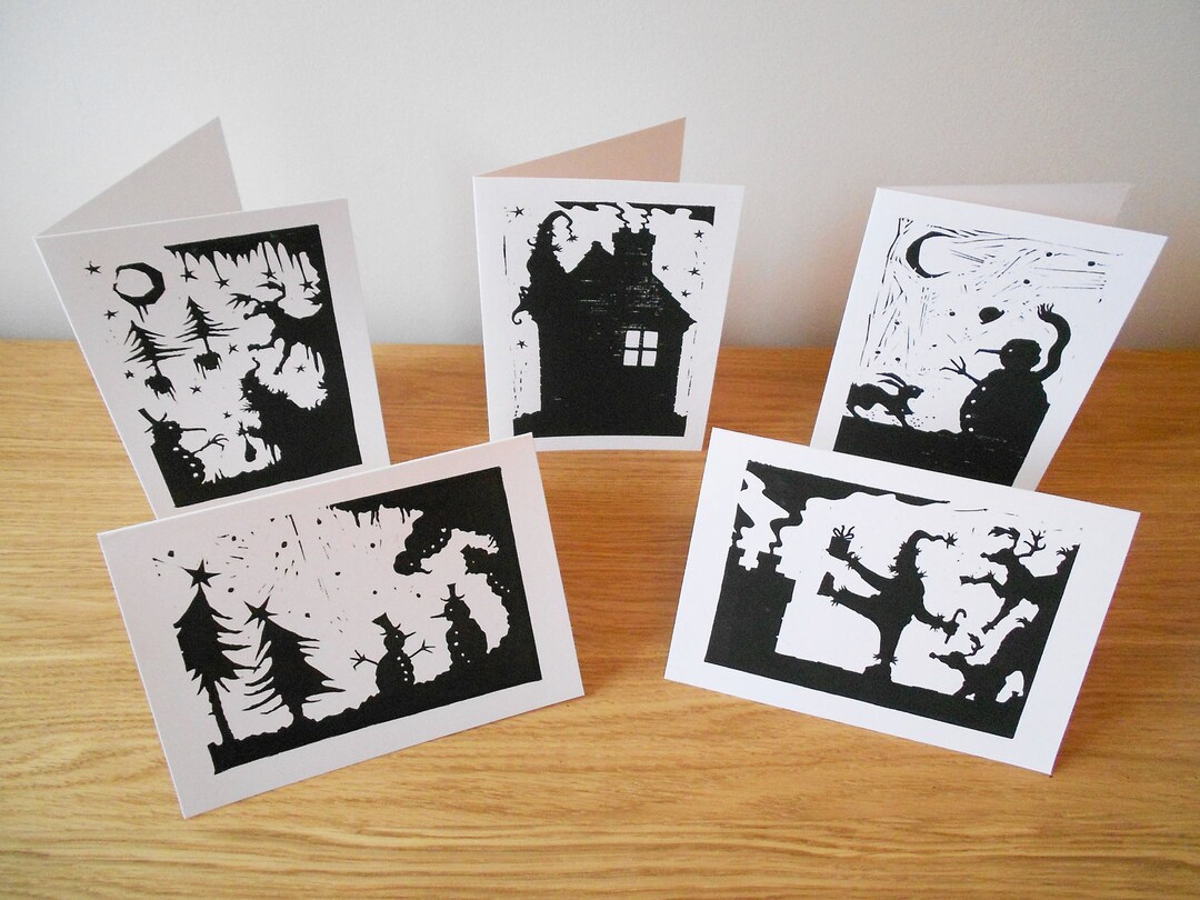 5 X Christmas Greetings Card- Linocut Santa Snowman Rudolph Silhouette ...
