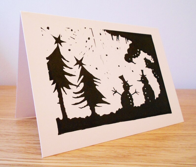 Christmas Linocut Greetings Card - Silhouette Snowman and Friends - Etsy