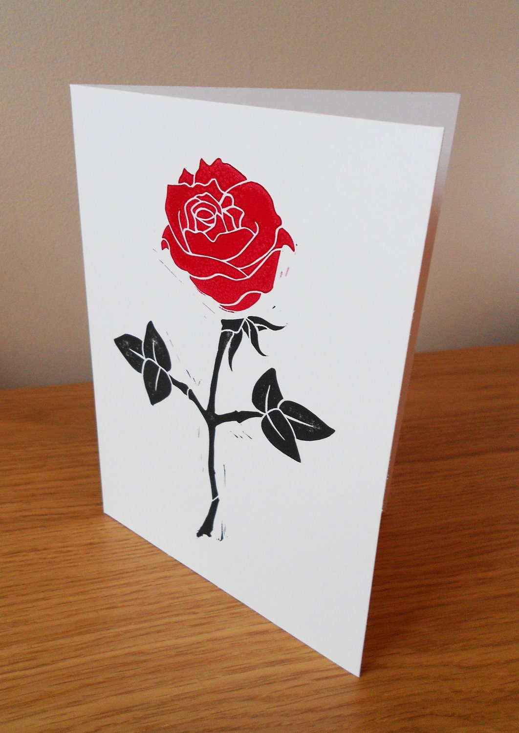 Rose Linocut Beautiful Greetings Card - Black and Red Flower Silhouette ...