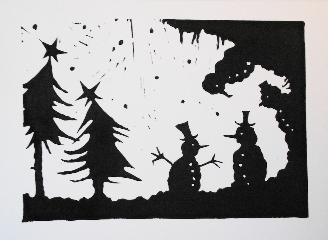 Christmas Linocut Greetings Card - Silhouette Snowman and Friends - Etsy
