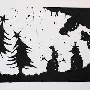 Christmas Linocut Greetings Card - Silhouette Snowman and Friends - Etsy