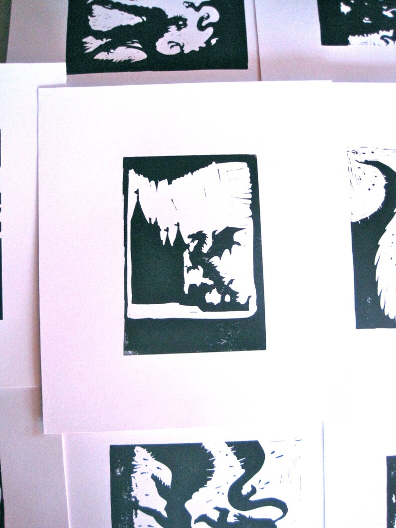 Castle and Dragon Linocut Print - Etsy