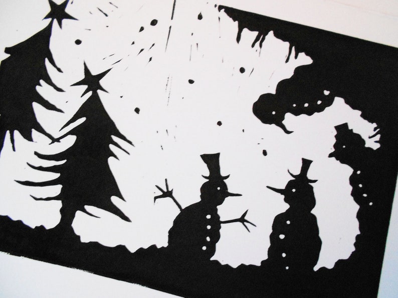 Christmas Linocut Greetings Card - Silhouette Snowman and Friends - Etsy