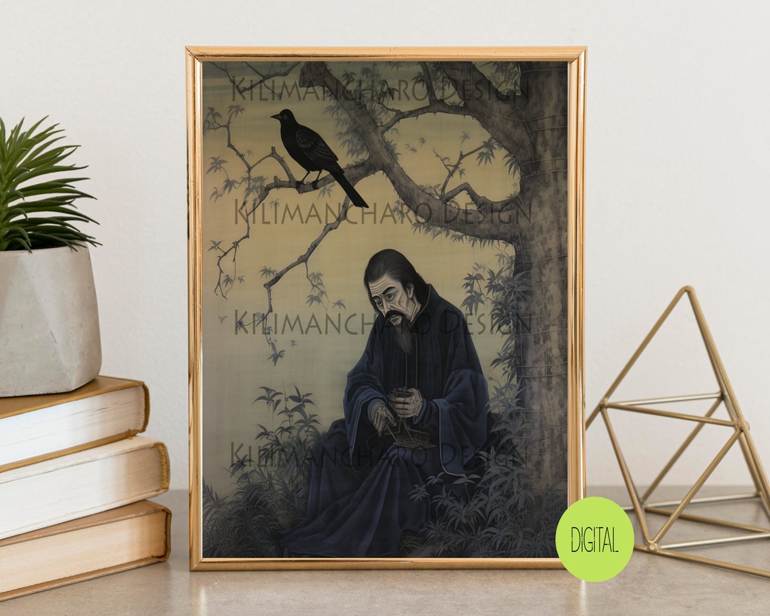 Vintage Chinese Silk Painting | Old Man and Raven Art (digital Print ...