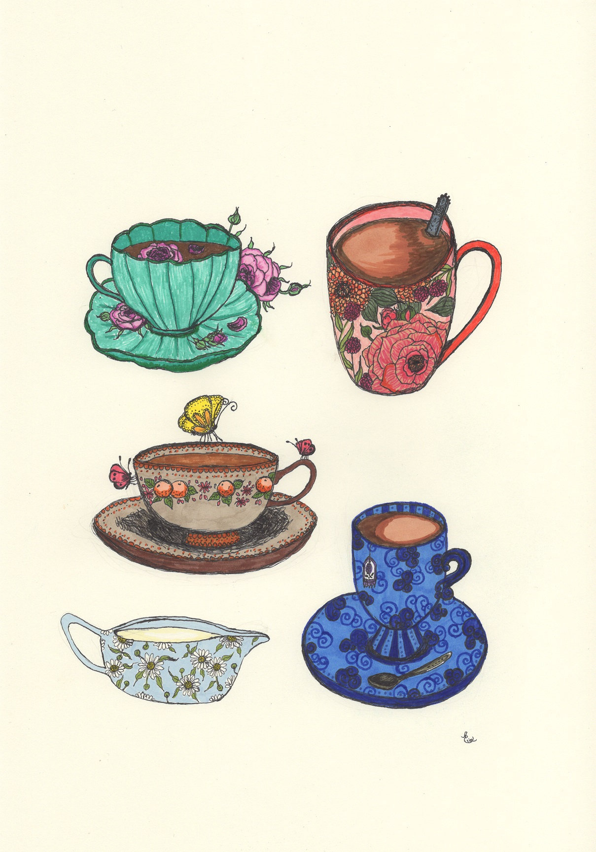 Vintage Tea Cups Drawing