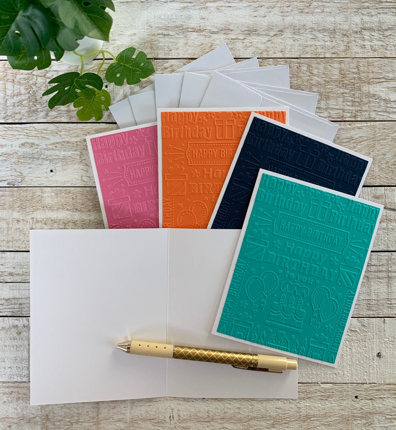 Handmade Embossed Note Cards Pack ~ Happy Birthday ~ Thank You ~ Bold Colors ~ Blank A2 Assorted ...