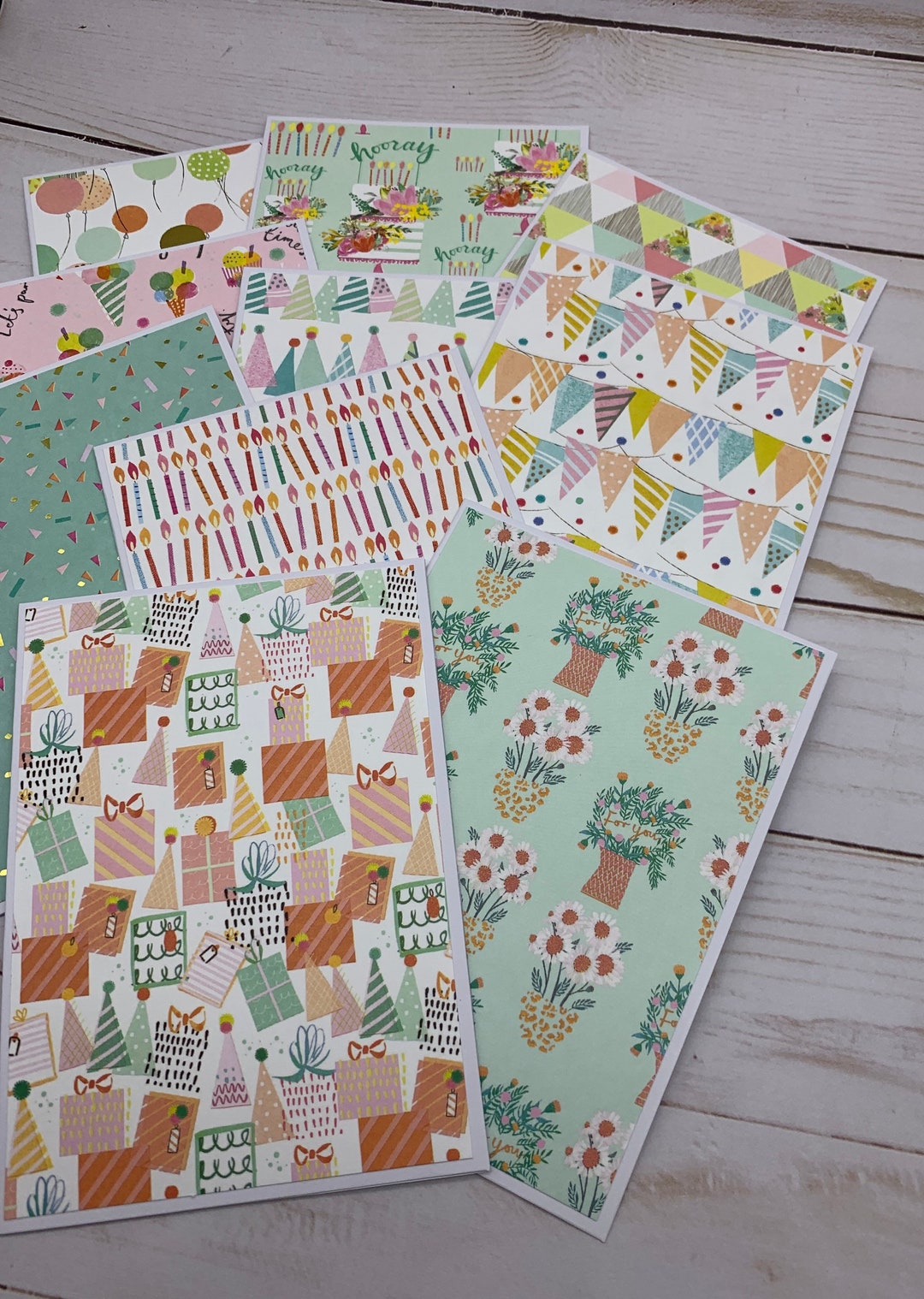 Note Cards Set of 10 ~ All Occasion ~ Birthday Party ~ Cakes ~ Balloons ...