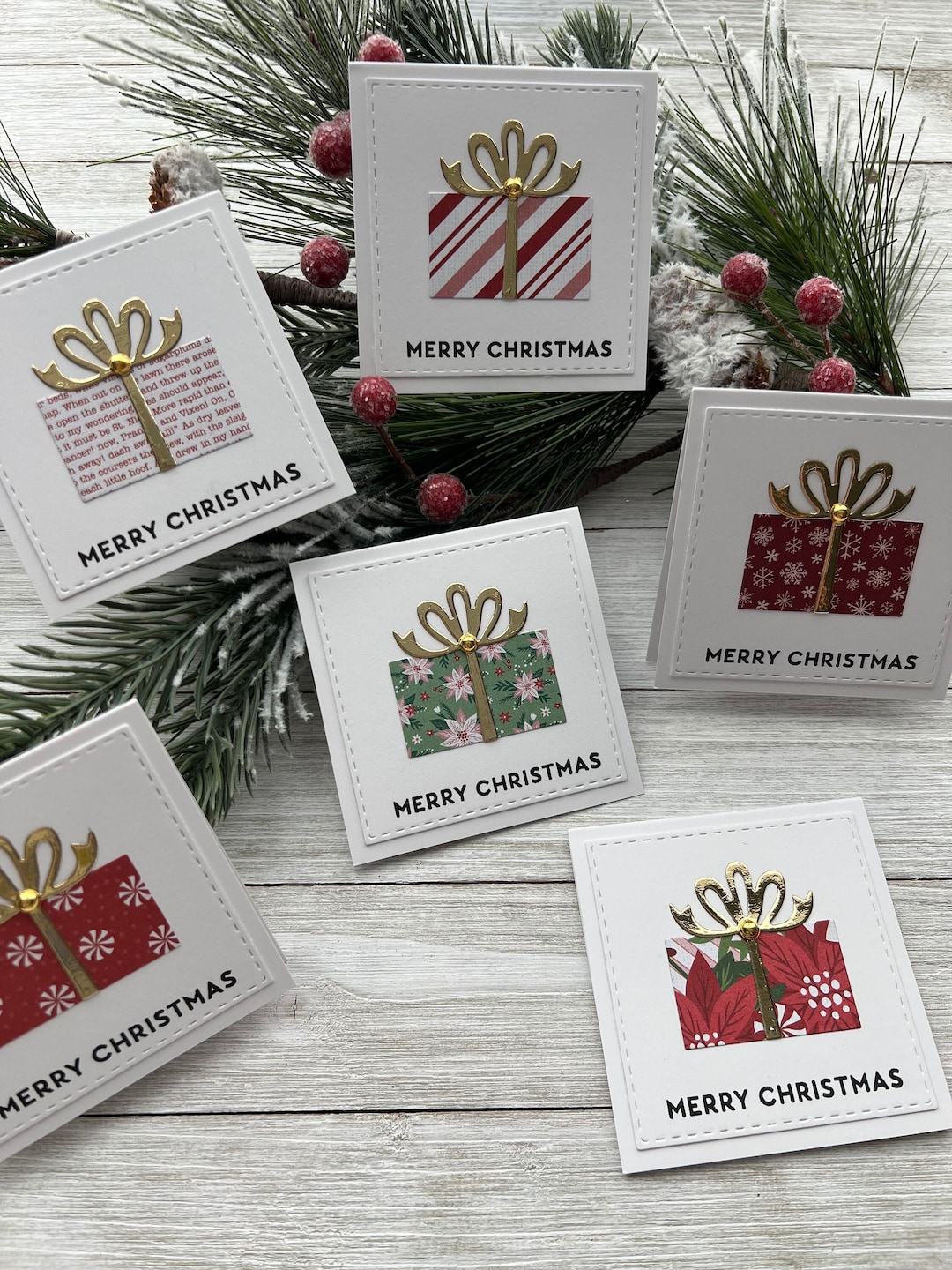 Set of 6 Mini Note Cards Holiday Presents Gift Box 3x3 Blank Cards W ...