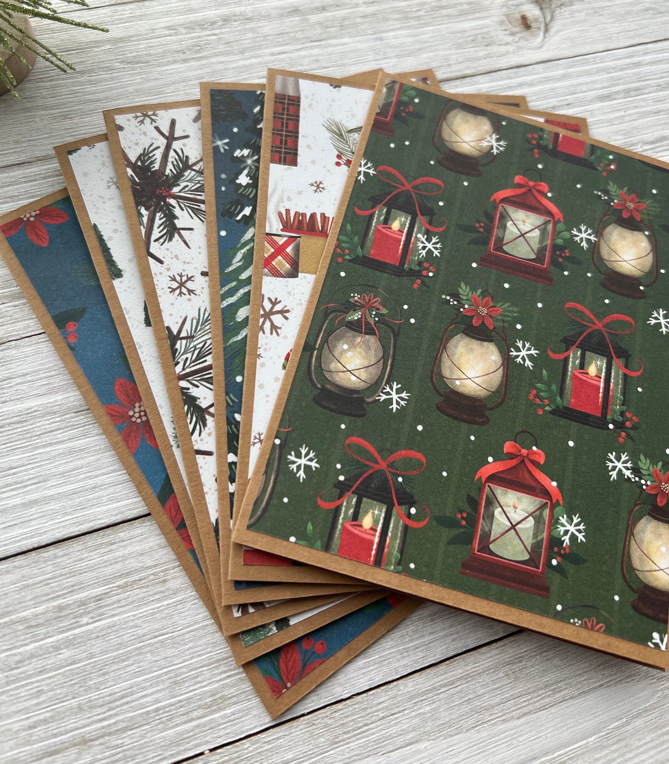 Set of 6 Christmas Note Cards ~ Snowy Trees ~ Poinsettia - Blank Rustic ...