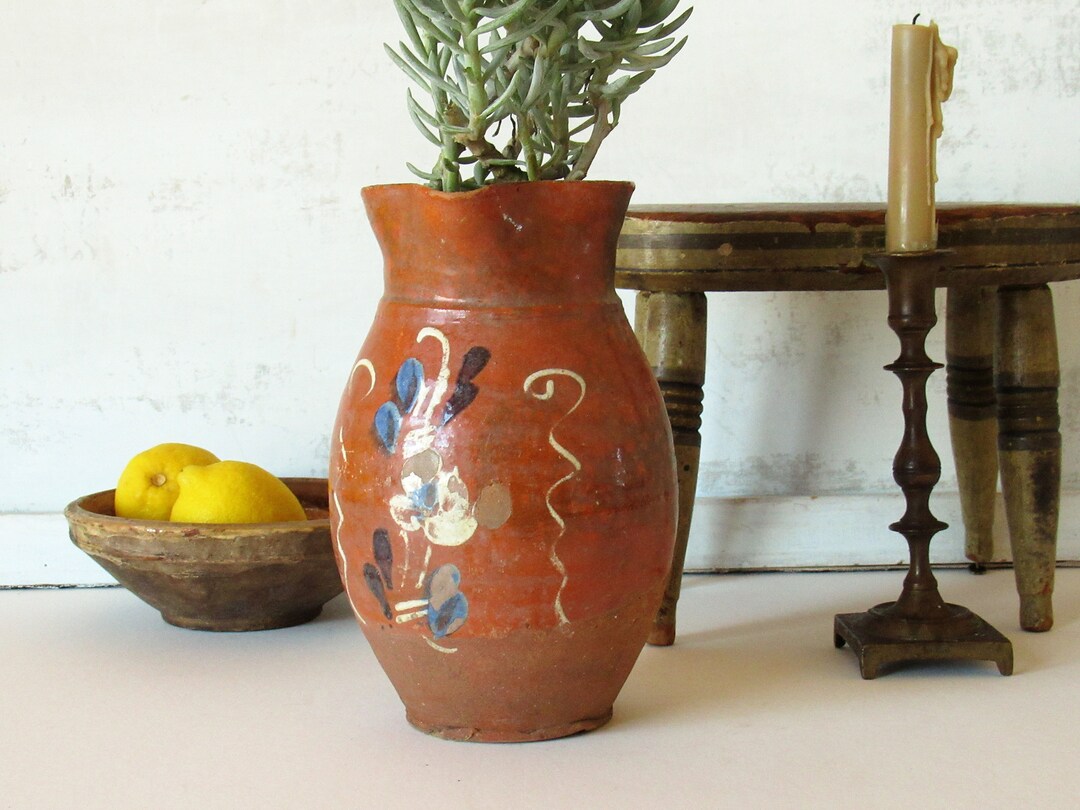 French Rustic Terracotta Jug, Hand Painted Folk Country Jug, Farmhouse ...
