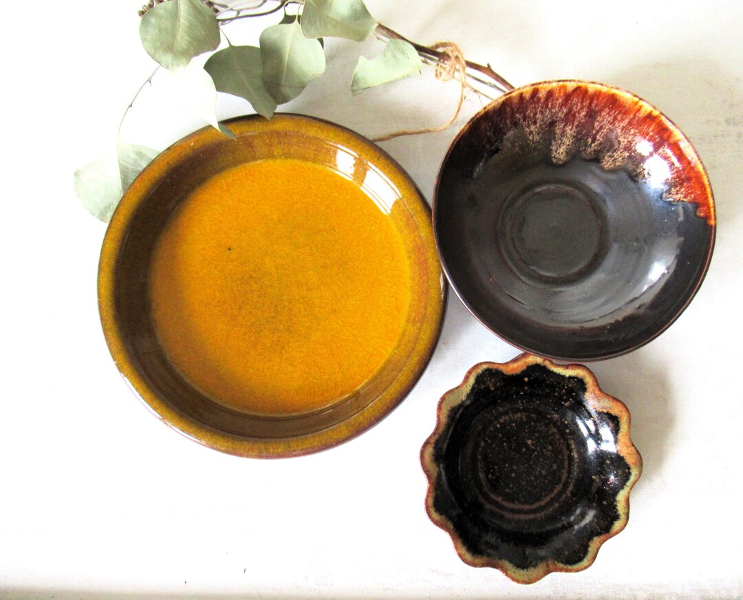 A Vintage Set of Warm Tone Pottery Plates and Bowls, Natural Home Decor ...