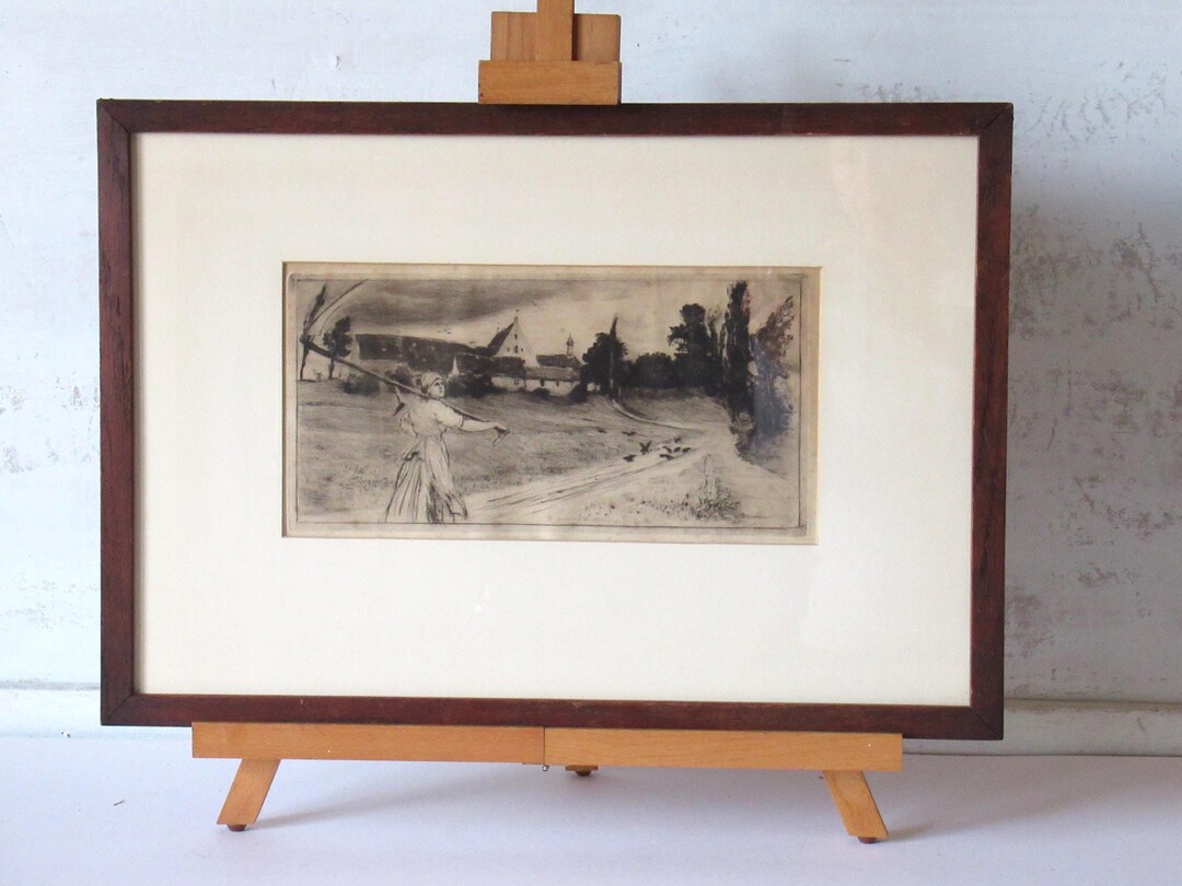 Original Hubert Herkomer 1800s Etching of Girl With Scythe, Village ...