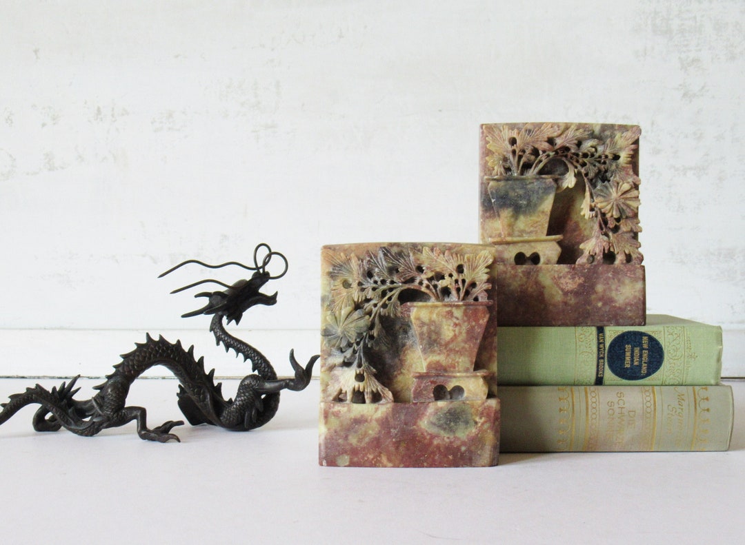 Vintage Pair of Bookends, Chinese Bookends, Soapstone Bookends, Asian ...
