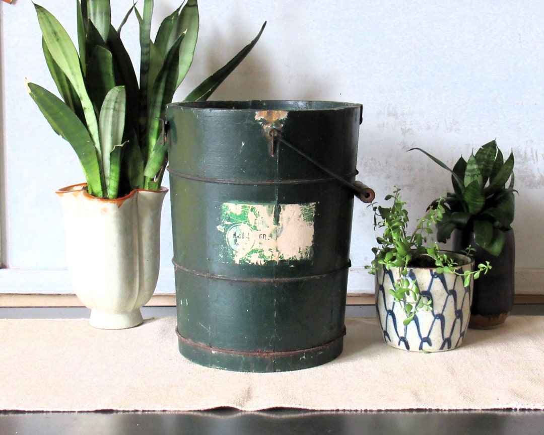 Vintage Rustic Green Wood Bucket, Farmhouse, Cottage, Country Chic ...