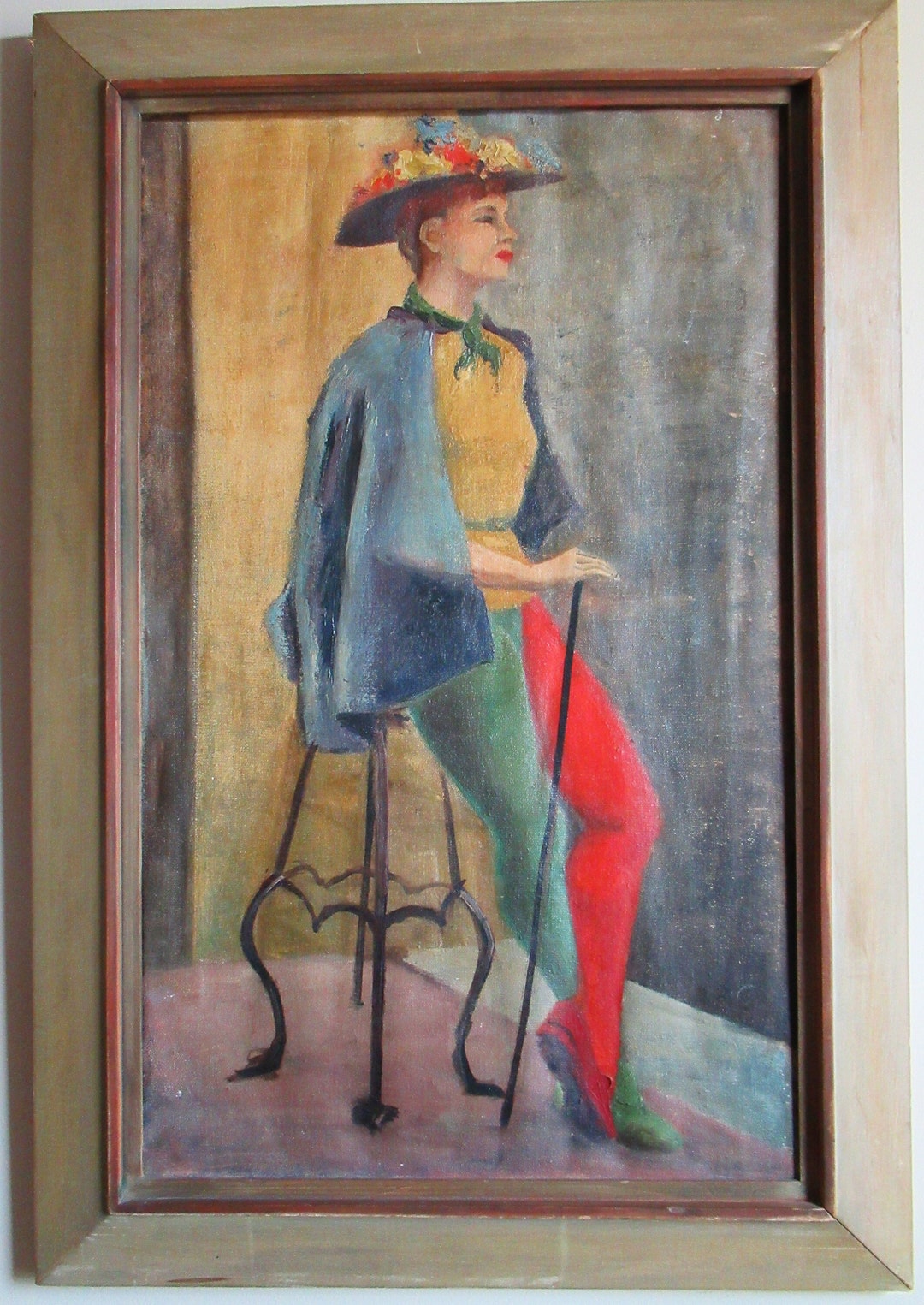 Artsy Mid Century Modernist Painting of a Woman With a Hat, Oil on ...