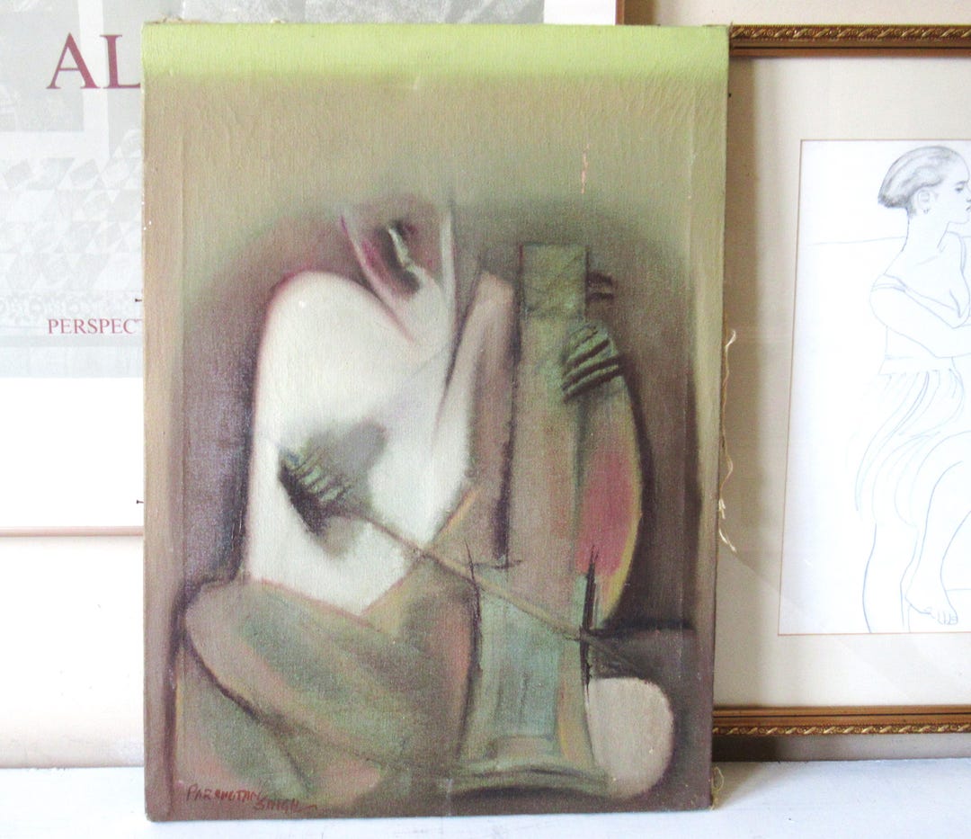 Vintage Cubist Pastel Portrait of an Old Sitar Musician, Oil on Canvas ...