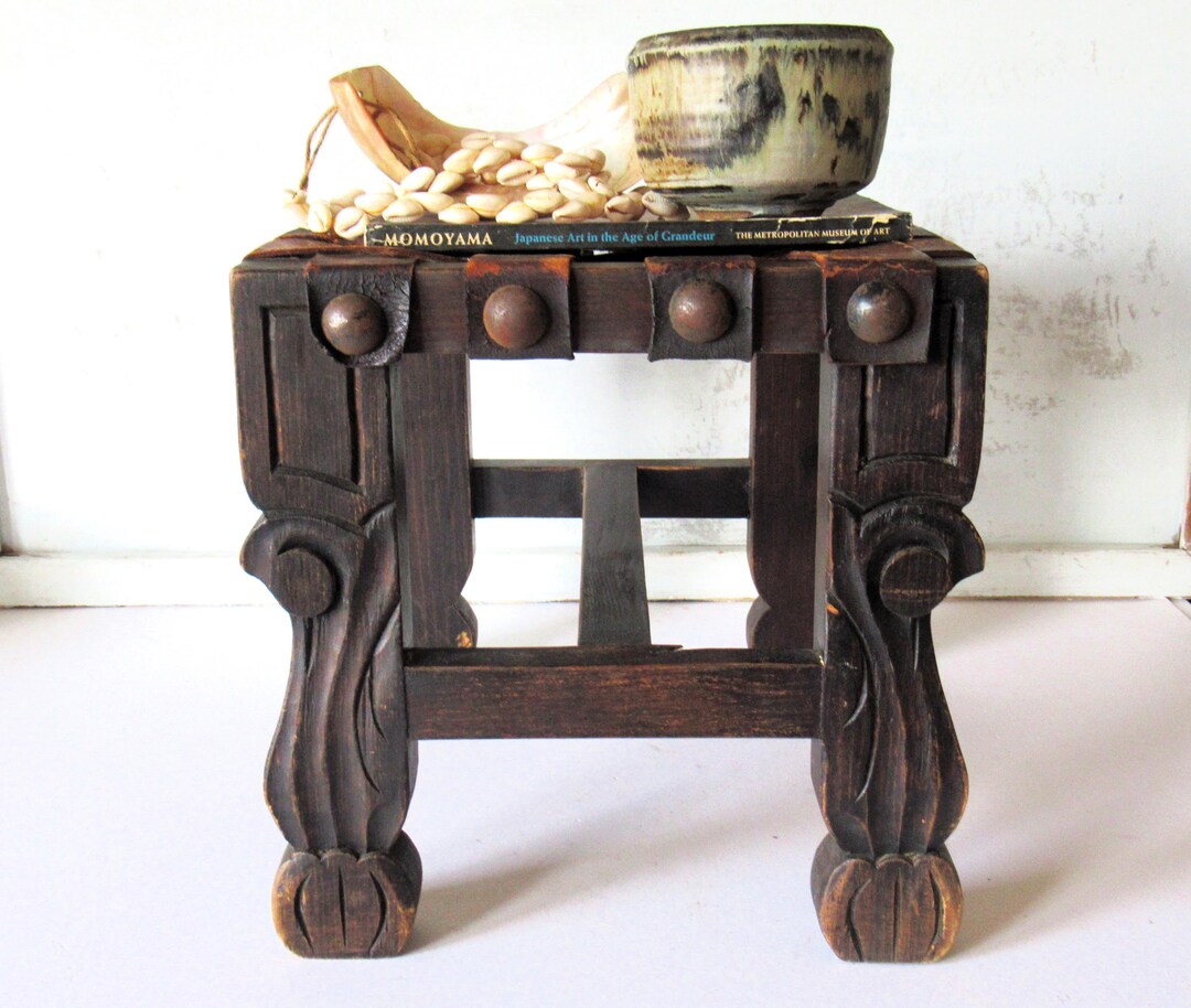 Vintage Mexican Spanish Revival Foot, Display Carved Pine and Leather ...