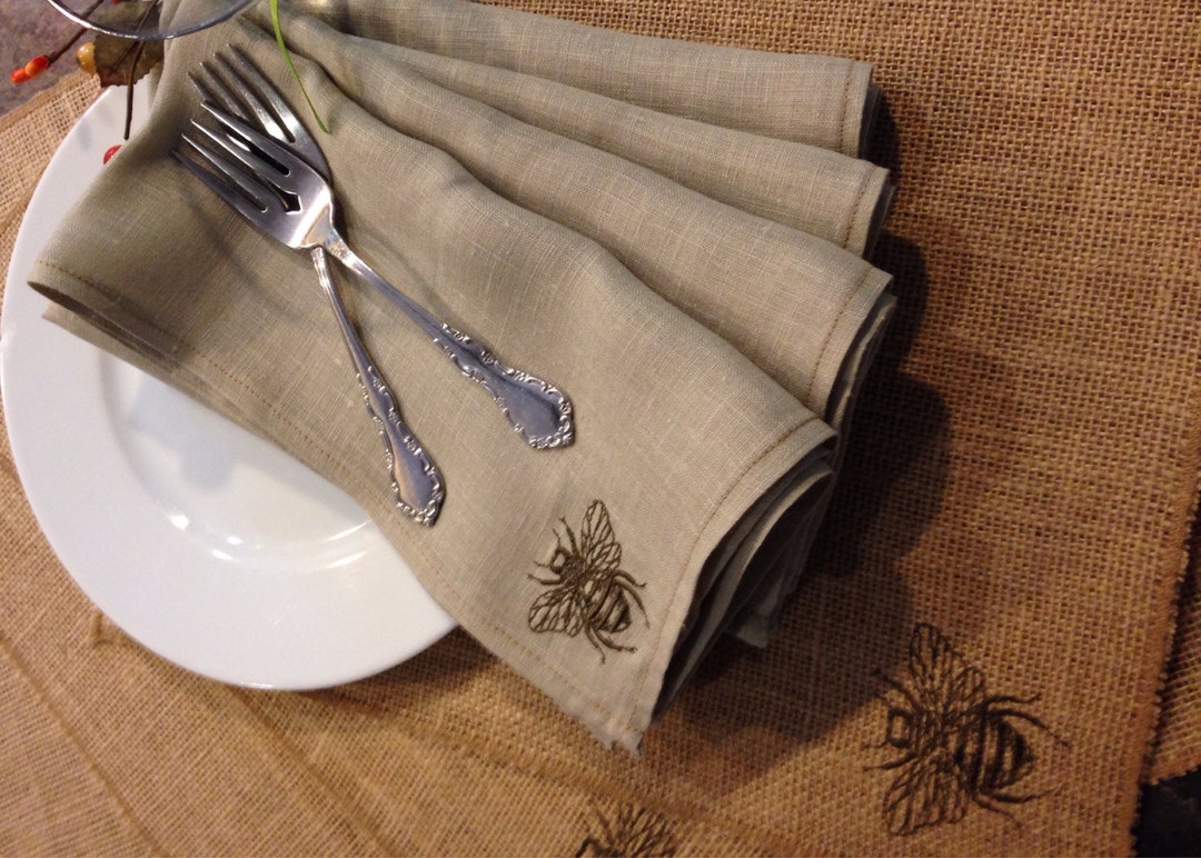 Embroidered Bumble Bee Linen Napkins - Set of 4 - Pure Linen ...