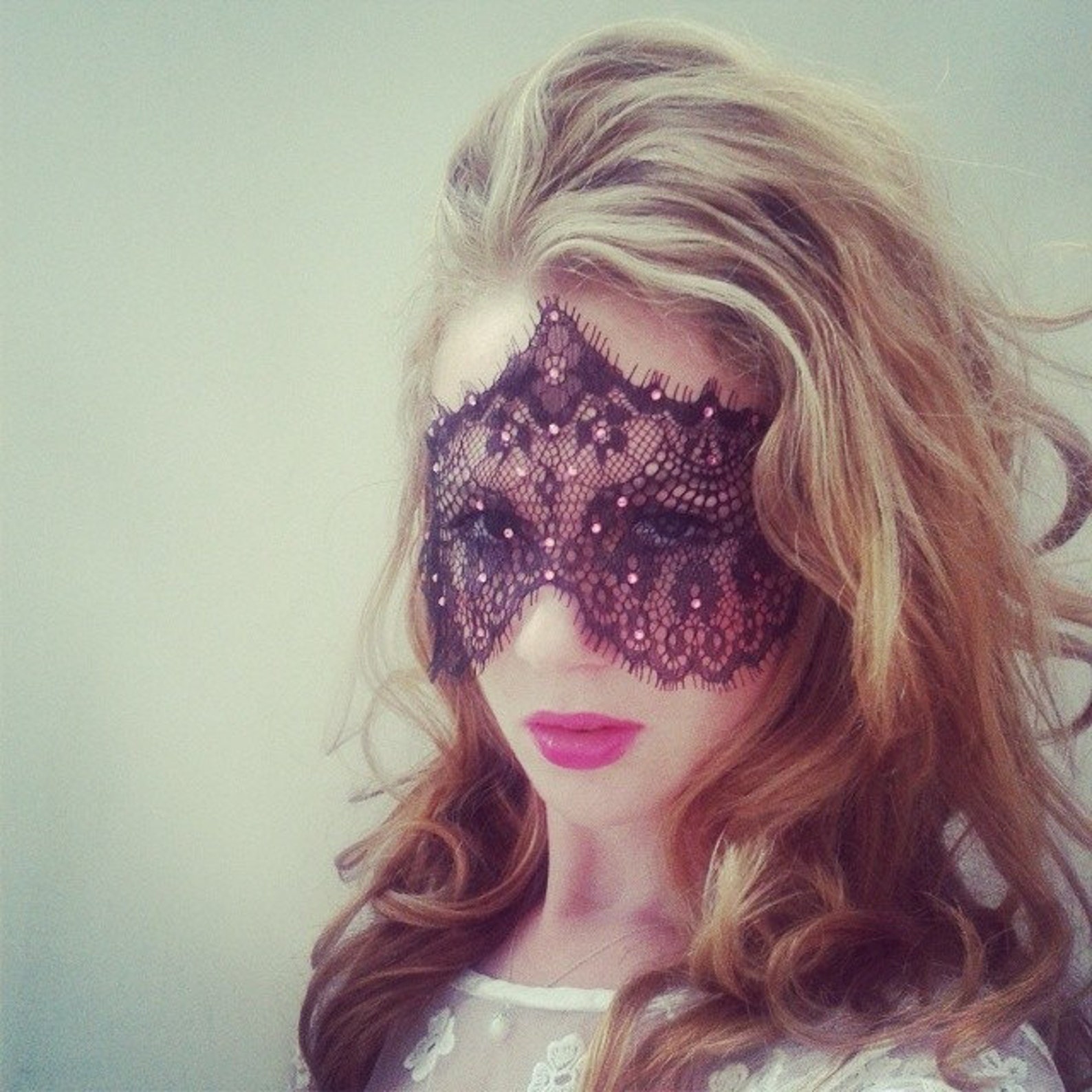 Masquerade Lace Face Mask with Pink Crystals 50 Shades of | Etsy