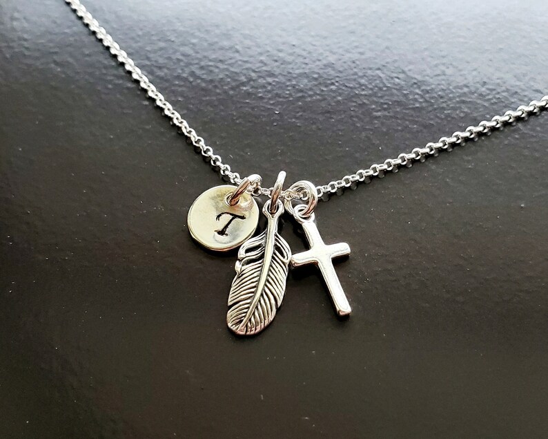 Personalized Feather Cross Initial Necklace Sterling Silver | Etsy